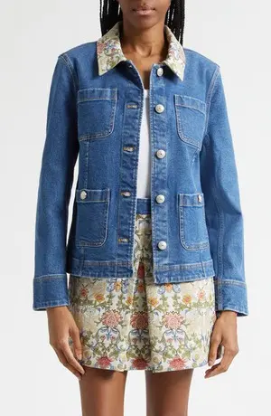 Cinq À Sept Dalton Floral Collar Stretch Denim Jacket