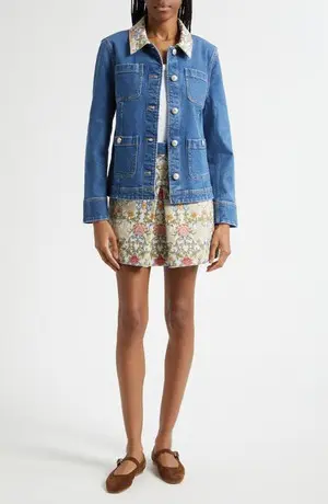 Cinq À Sept Dalton Floral Collar Stretch Denim Jacket