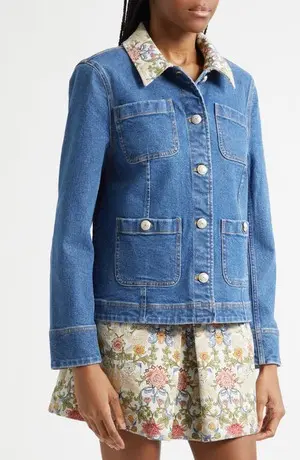 Cinq À Sept Dalton Floral Collar Stretch Denim Jacket