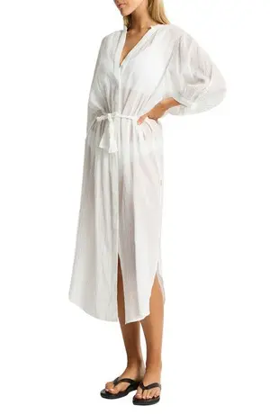 SEA LEVEL Salt Boho Semisheer Cotton Cover-up Shirtdress - White