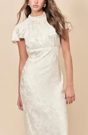 MAUDE CLUB Cherie Mock Neck Flutter Sleeve Floral Burnout Midi Dress