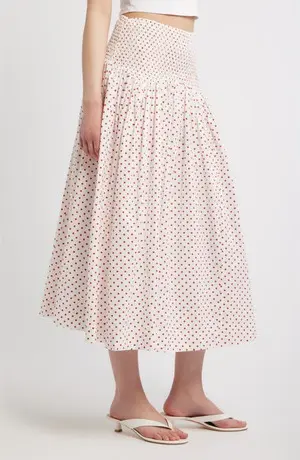 DAMSON MADDER Polka Dot Smocked Midi Skirt - White