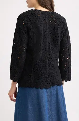 Anne Klein Openwork Floral Cotton Cardigan With Scalloped Trim