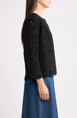 Anne Klein Openwork Floral Cotton Cardigan With Scalloped Trim