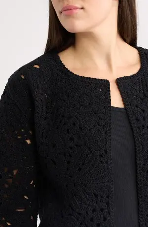 Anne Klein Openwork Floral Cotton Cardigan With Scalloped Trim
