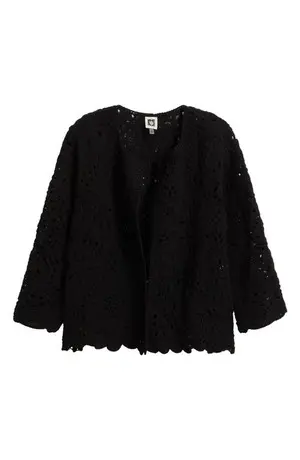 Anne Klein Openwork Floral Cotton Cardigan With Scalloped Trim