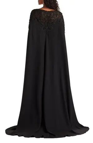 Tadashi Shoji Lace & Crepe Cape Gown