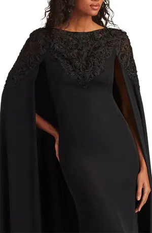 Tadashi Shoji Lace & Crepe Cape Gown