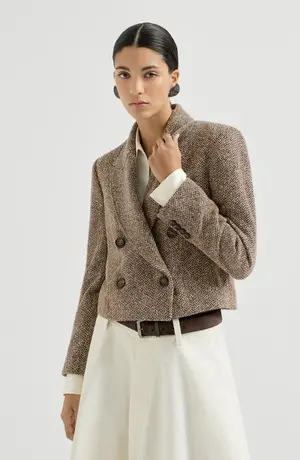 Brunello Cucinelli Sparkling Virgin Wool Chevron Cropped Blazer - Light Brown
