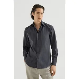 Brunello Cucinelli Double Pinstripe Cotton Shirt With Italian Collar And Chest Pocket - Dark Grey