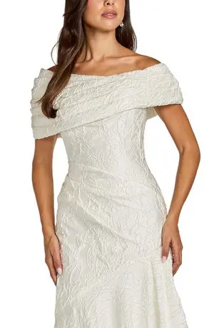 Tadashi Shoji Off-the-shoulder Mermaid Gown With Tonal Floral Patterns