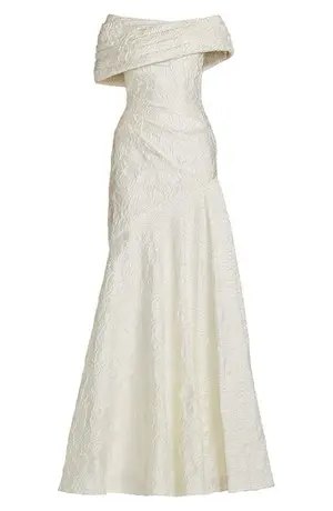 Tadashi Shoji Off-the-shoulder Mermaid Gown With Tonal Floral Patterns