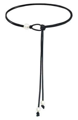 PETIT MOMENTS Faux Pearl Faux Leather Tie Belt - Black