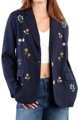 BILLY T Wild Blossom Embroidered Blazer - Navy