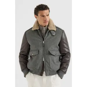 Brunello Cucinelli Bonded Cashmere Beaver Cloth And Nappa Leather Bomber Jacket With Thermore® Padding And Detachable Shearling Collar - Medium Grey