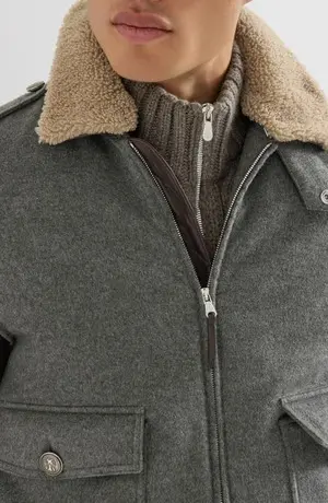 Brunello Cucinelli Bonded Cashmere Beaver Cloth And Nappa Leather Bomber Jacket With Detachable Shearling Collar - Medium Grey