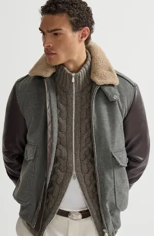 Brunello Cucinelli Bonded Cashmere Beaver Cloth And Nappa Leather Bomber Jacket With Detachable Shearling Collar - Medium Grey