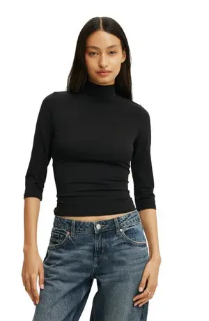 COTTON ON 90s Mock Neck 3/4 Sleeve Top - Black