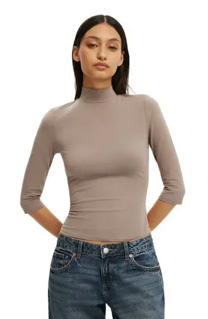 COTTON ON 90s Mock Neck 3/4 Sleeve Top - Washed Mocha