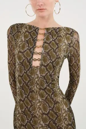 NOCTURNE Snake Print Long Sleeve Maxi Dress
