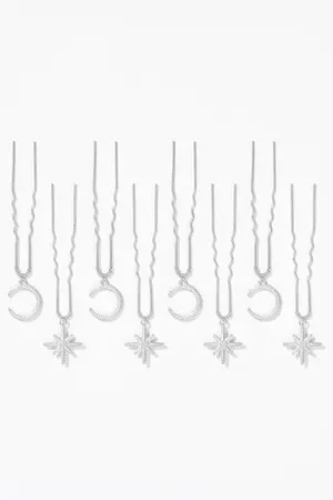 HAIR DRAMA CO Celestia Silver Star & Moon Hair Pins Set Of 8 - Metallic Silver