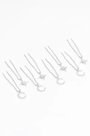 HAIR DRAMA CO Celestia Silver Star & Moon Hair Pins Set Of 8