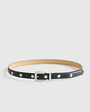 Quince Alyssa European Leather Studded Skinny Belt - Black/silver