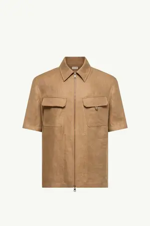 Moncler Linen Twill Short Sleeve Zip-up Shirt - Brown