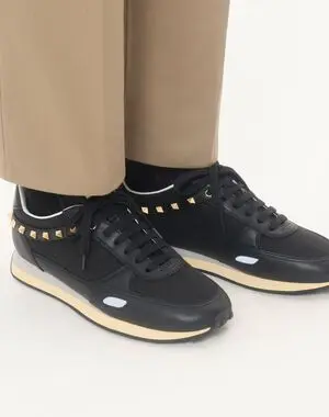 Valentino Garavani Stud Up Leather And Nylon Sneakers - Black