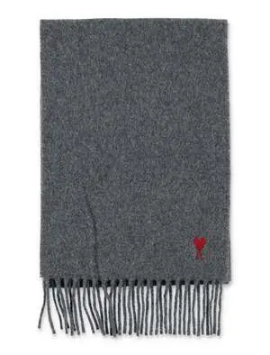 AMI Paris Wool Fringe Scarf With Embroidered Heart Logo - Grey Red