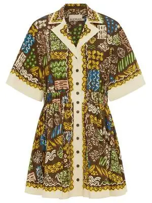 ALEMAIS Camp Collar Smocked Waist Mini Dress - Marrone