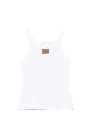 Fendi Ribbed Sleeveless Top With Leather Patch - Bianco