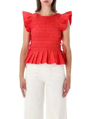 GANNI Shirred Peplum Top With Ruffle Sleeves - Goji Berry
