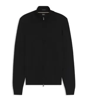 BOSS Zip-up Sweater In Merino Wool - Black