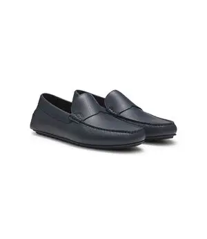 BOSS Tumbled Leather Loafers With Driver Sole - Dark Blue