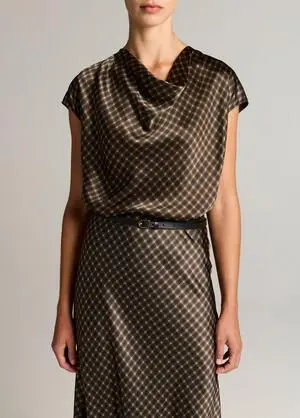 Vince Ombré Plaid Silk Satin Cowl-neck Blouse - Black/camel