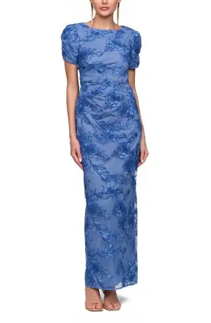 Js Collections Oriana Embroidered Puff Sleeve Column Gown - Indigo