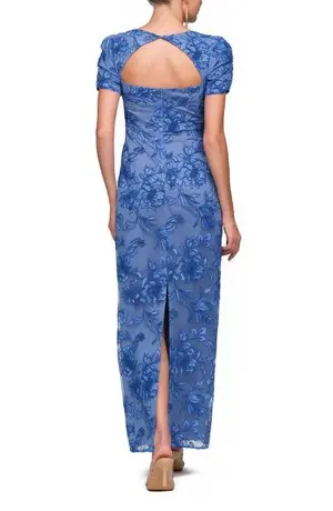 Js Collections Oriana Embroidered Puff Sleeve Column Gown