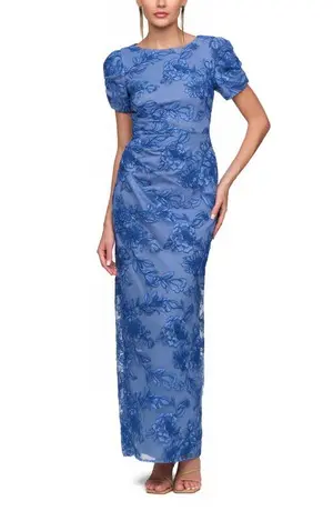 Js Collections Oriana Embroidered Puff Sleeve Column Gown