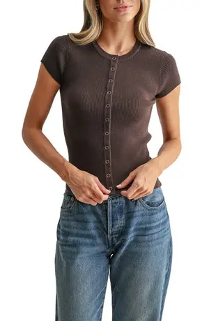 ALL IN FAVOR Cap Sleeve Rib Knit Cardigan Top - Espresso
