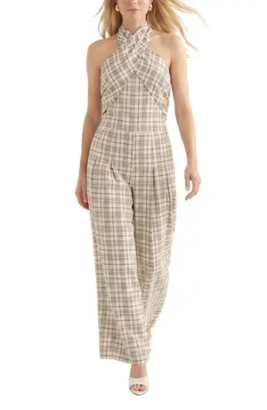 LILY AND LIONEL Ardern Halterneck Check Culotte Jumpsuit - Neutral