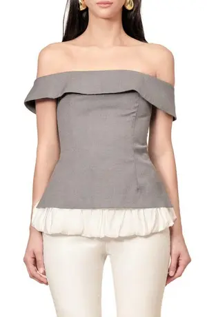 MAUDE CLUB Ivy Off The Shoulder Bubble Hem Top - Grey