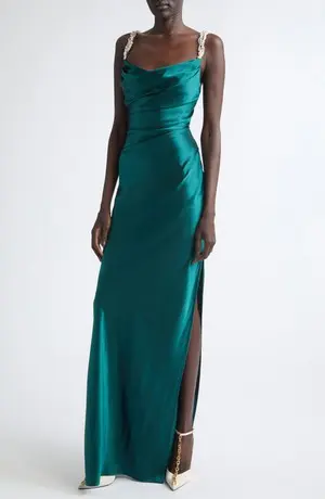 Balmain Embellished Strap Silk Column Gown - Sqv Blue Multi