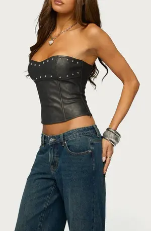 EDIKTED Izara Studded Strapless Faux Leather Corset Top