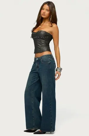EDIKTED Izara Studded Strapless Faux Leather Corset Top