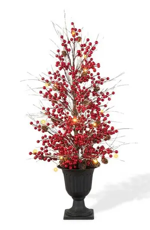 GLITZHOME 3ft Christmas Lighted Berry And Pine Cone Urn Porch Tree With Timer - Red