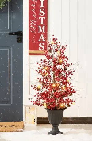 GLITZHOME 3ft Christmas Lighted Berry And Pine Cone Urn Porch Tree With Timer