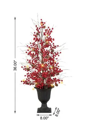 GLITZHOME 3ft Christmas Lighted Berry And Pine Cone Urn Porch Tree With Timer
