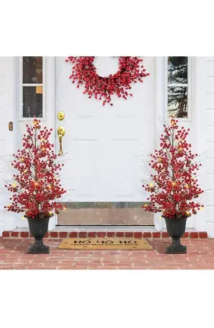 GLITZHOME 3ft Christmas Lighted Berry And Pine Cone Urn Porch Tree With Timer