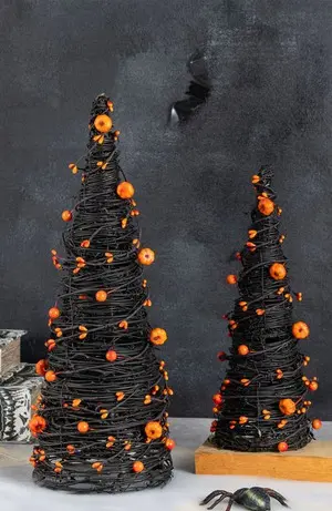 GLITZHOME Set Of 2 Halloween Eucalyptus With Bats Pumpkin Cone Table Trees